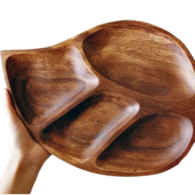 Acacia Premium Leaf Shaped Wooden 4-compartment Divided Plate Wooden ...