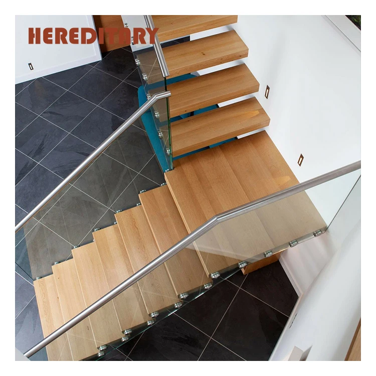 Stainless Steel Mono Stringer Glass Staircase With Solid Wooden Dais ...