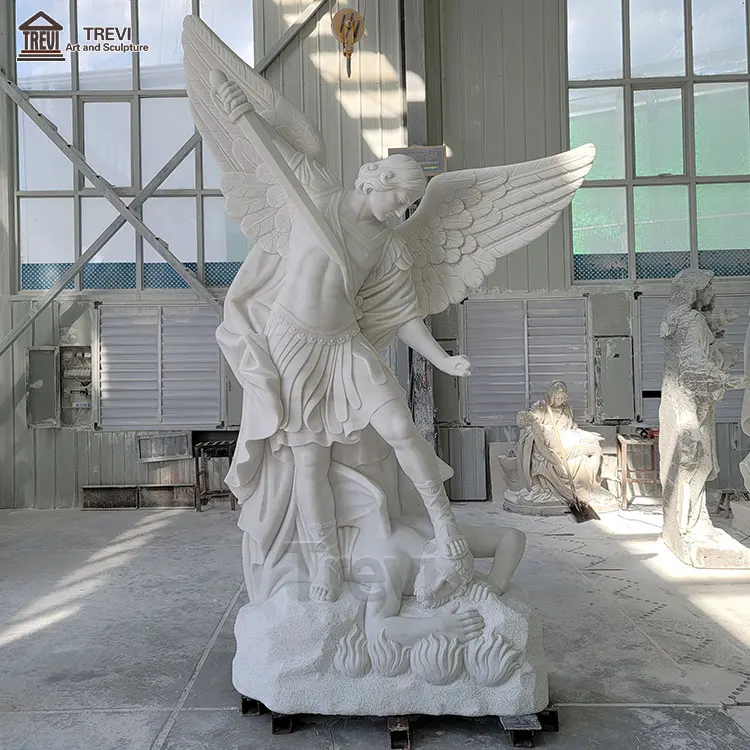 Life Size Natural Marble Statue of St. Michael Defeating Satan
