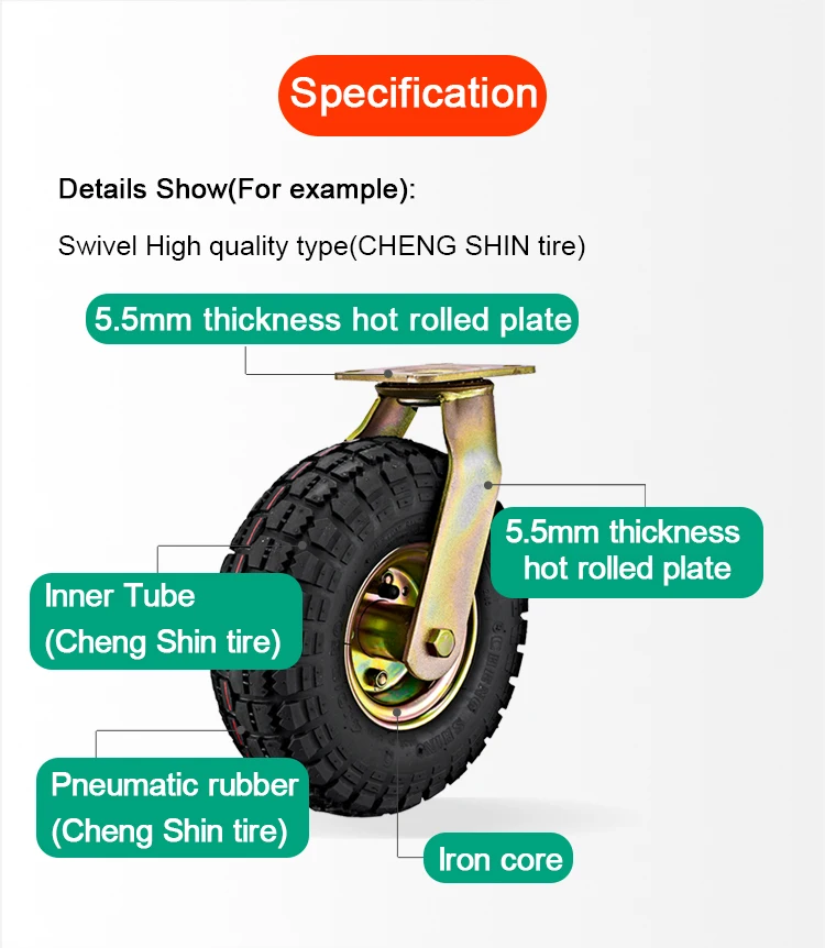 6" 8" 10" Inflatable Wheel Pneumatic Casters Pump Caster Trolley Wheels ...