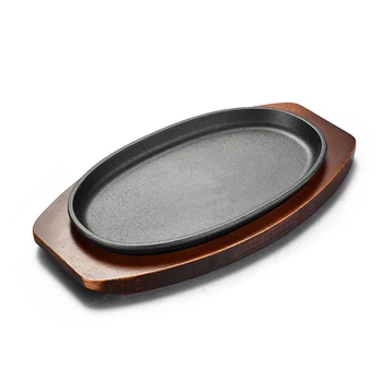 Restaurant Use Bbq Griddle Plate With Wooden Base Iron Oval Sizzling ...