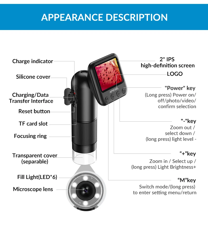 APEXEL Digital Handheld Microscope - 400X-800X Magnification