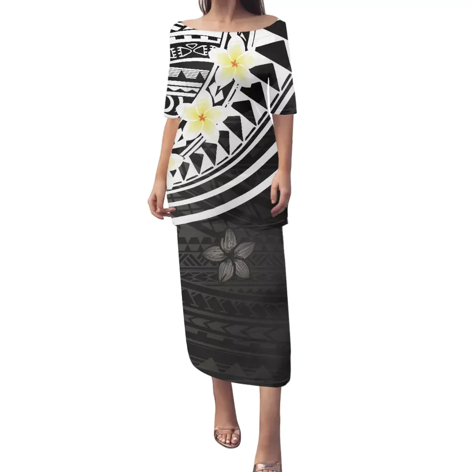 Traditional Samoan Polynesian Tribal White Puletasi Dress Summer Custom Print Short Sleeve ...