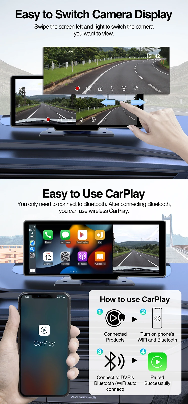 JMC UHD 4K WIFI Rear View Mirror Dash Cam with Night Vision