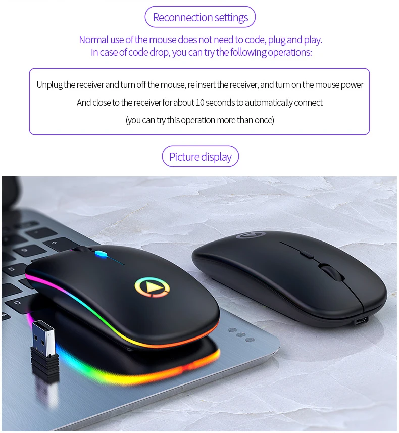 A2 RGB Wireless Ergonomic Mouse - Rechargeable, Silent & Backlit USB ...