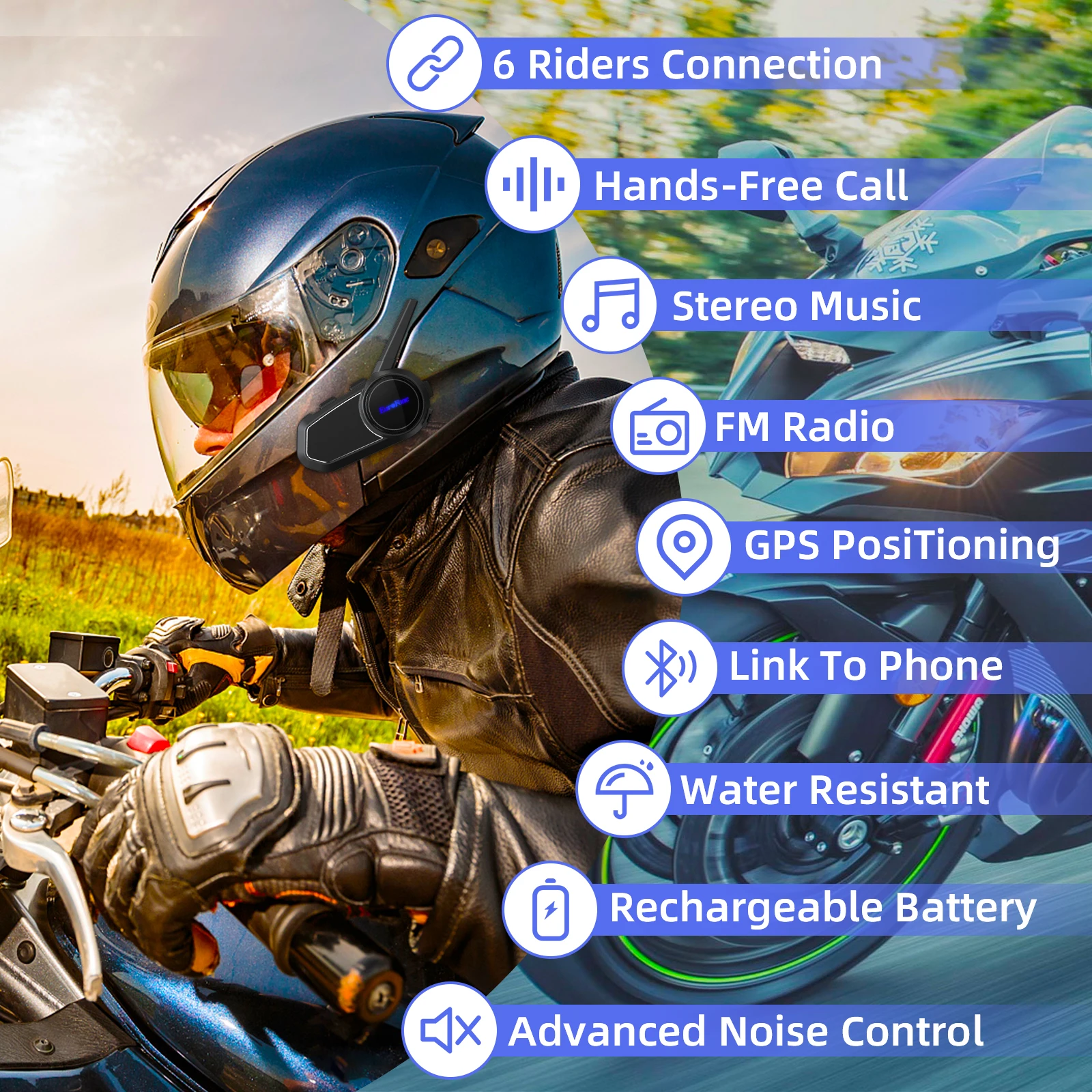 Universal Pairing 6 Riders Intercom Group Moto Bluetooth Motorcycle ...