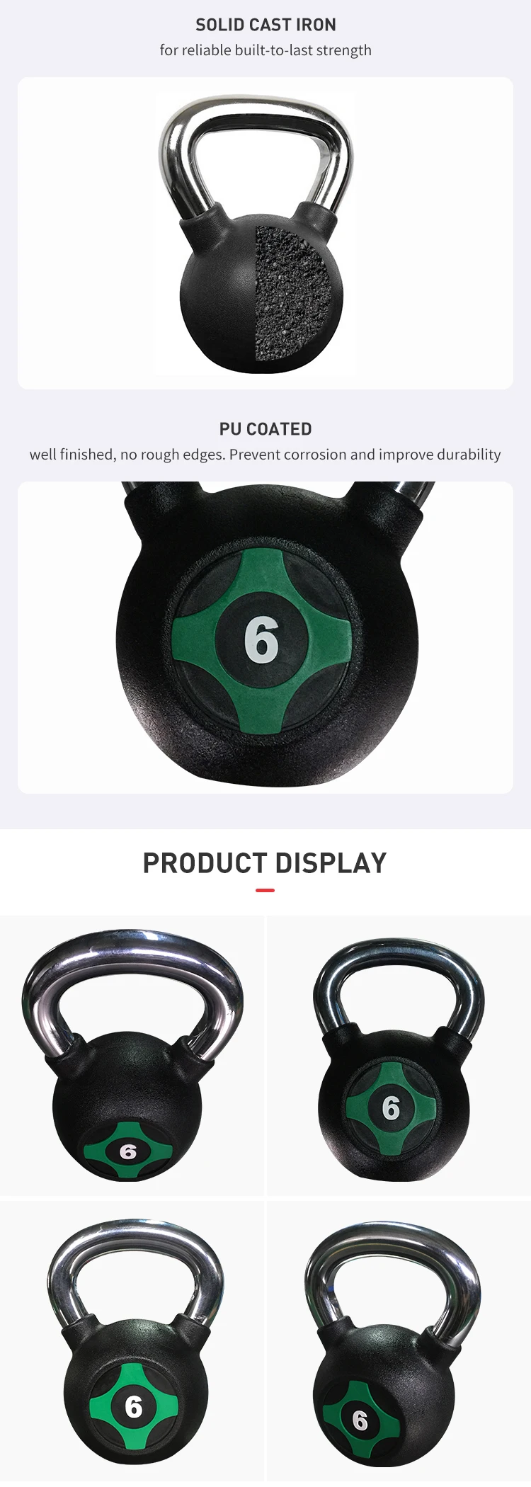 Custom Logo 4kg-48kg Lb Pu Coated Chrome Handle Kettlebells Gym Kettle Bell Weights Urethane ...