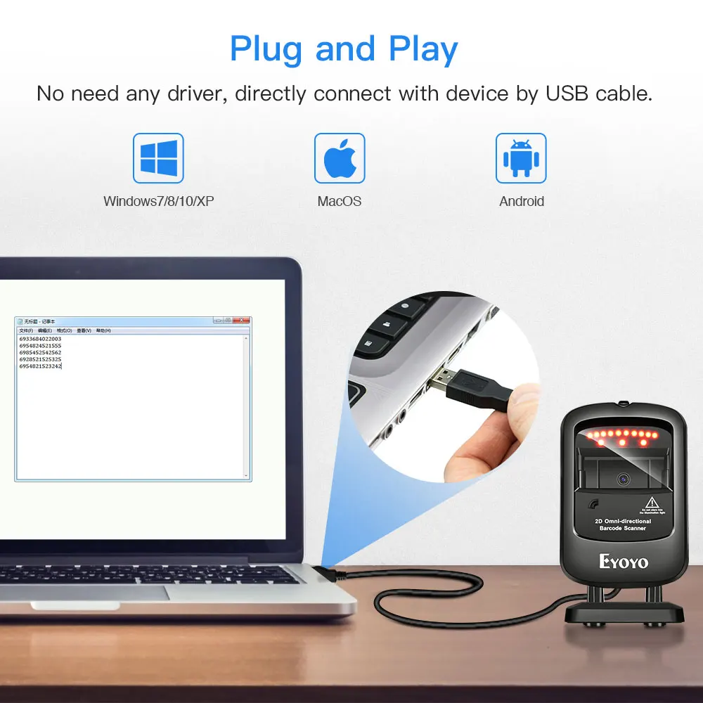 Eyoyo Desktop 2D Wired Barcode Scanner QR Code Reader USB , Auto Scan ...