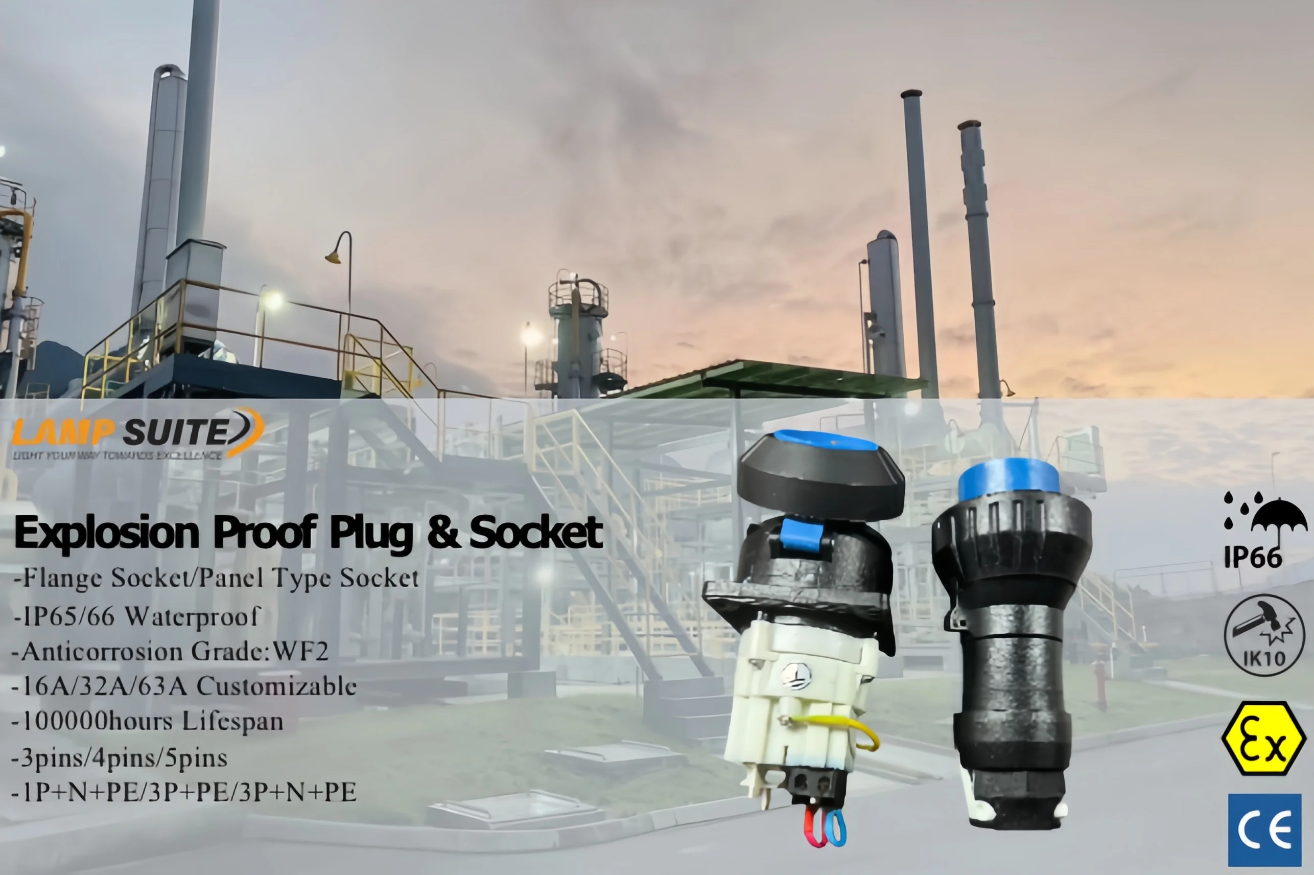 Industrial WF2 ATEX Plug and Socket Cable Panel Mount GRP Explosion ...