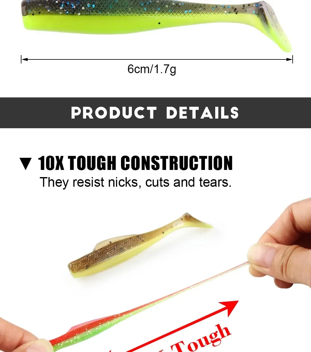 Spinpole TPR Swim Bait Double Color T Tail Worm Fishing Bait Shad Lure ...