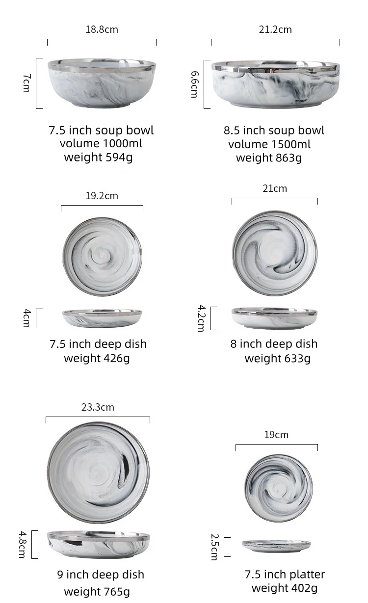 Gold Silver Rim Porcelain Crockery Marble Plate Set High Quality Luxury ...