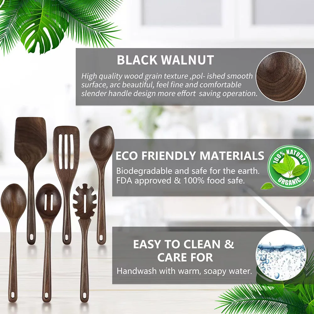 6 Pces 12 Inch Kitchen Cooking Long Handle Natural Black Walnut Wooden ...