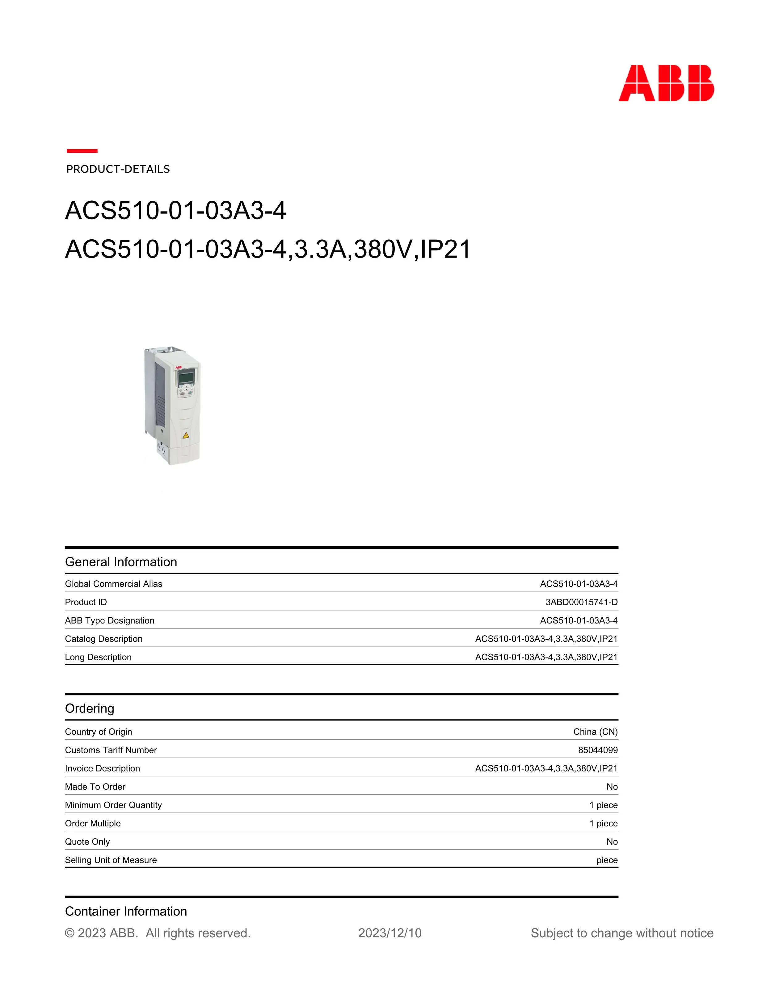 For Abb Original Acs510 Series Inverter Acs510-01-03a3-4 Input Three ...