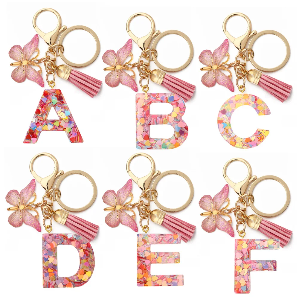 Pink Sequin Resin Alphabet Key Ring Letter Keychain With Butterfly ...