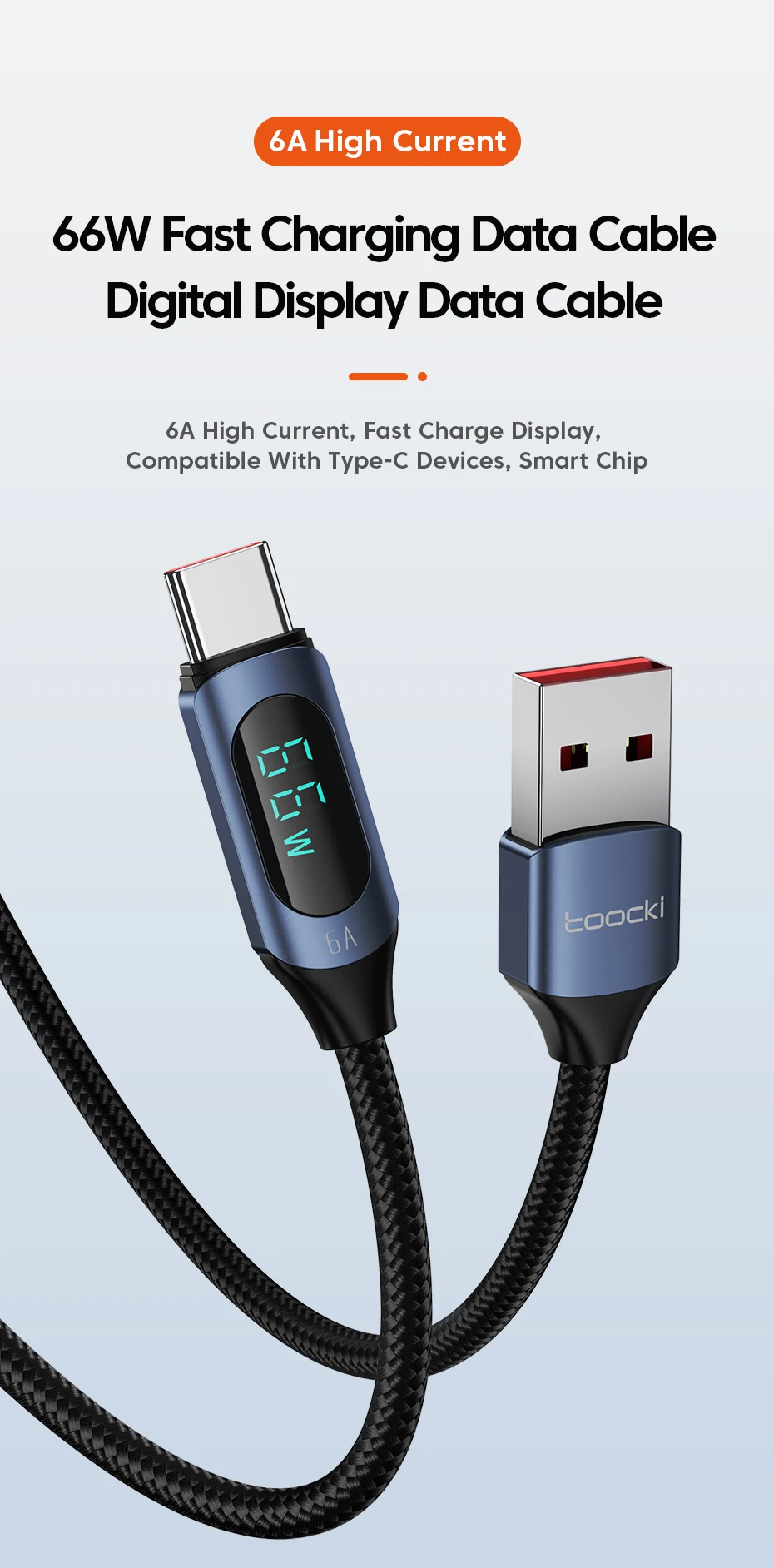Toocki Custom Logo 6a Type C Charging Cable With Led Display 66w Usb C ...