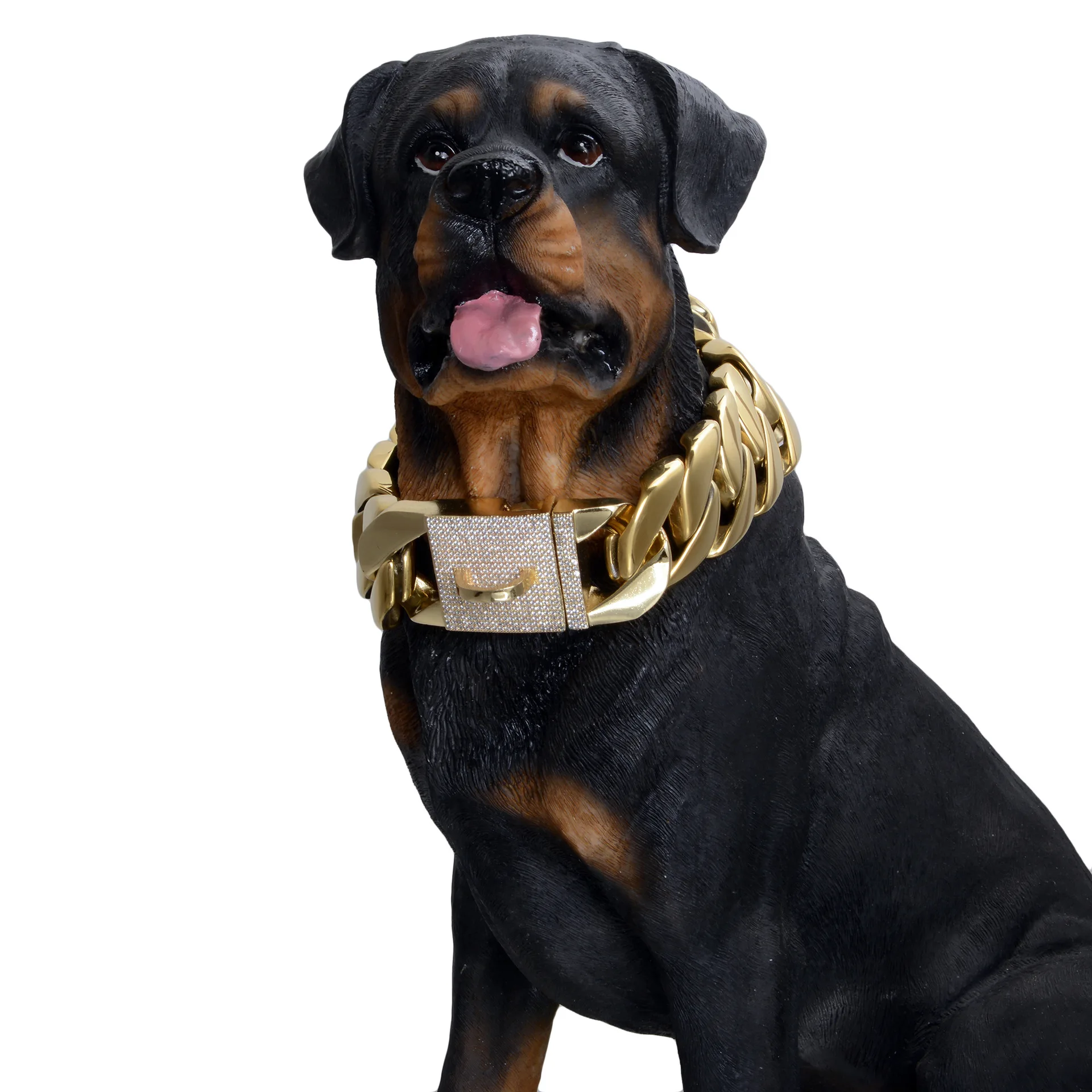 32mm Stainless Steel Gold Diamonds Bail Pet Bull Dog Thick Chain Collar ...