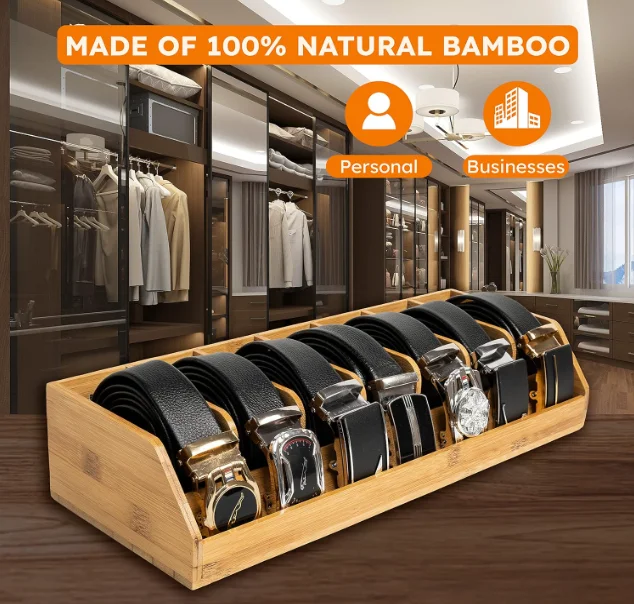 7 Dividers Wooden Belt Organizer For Drawer Bamboo Belt Buckle Display ...