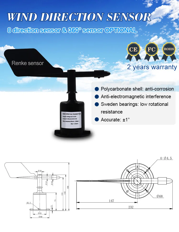 RENKE OEM Precision Material RS485 Water Protection Wind Direction Sensor