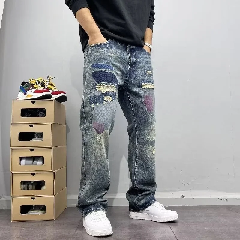 Men's Premium Vintage Ripped Jeans Distressed Patchwork Embroidered ...