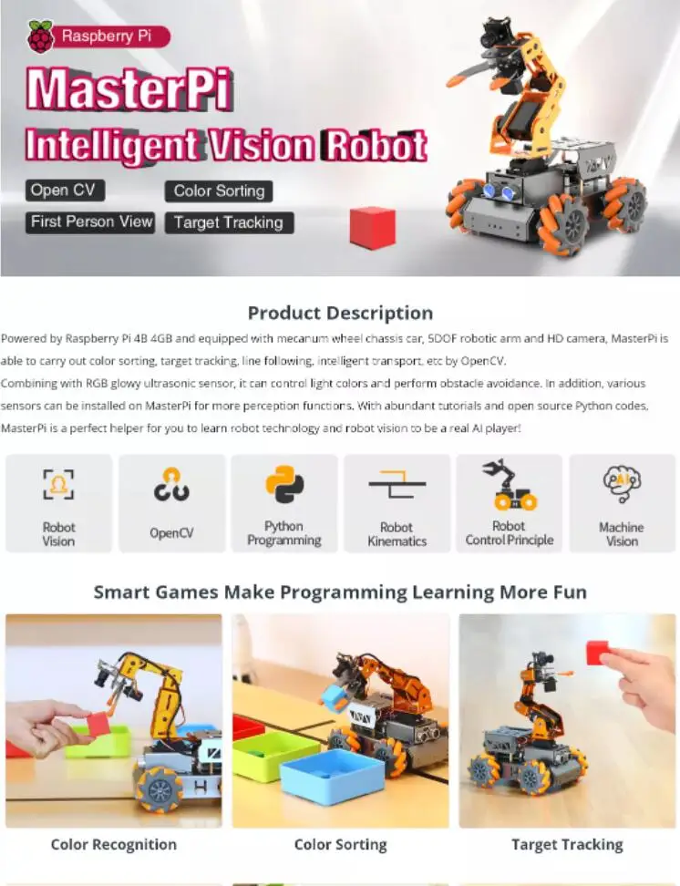 Hiwonder Masterpi - AI Vision Robot Arm with Mecanum Wheels