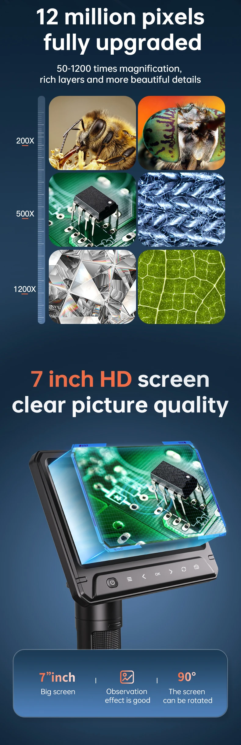 NEW Style 331A 12MP 1200X 7-inch IPS LCD Rotate Touch Screen Biological ...
