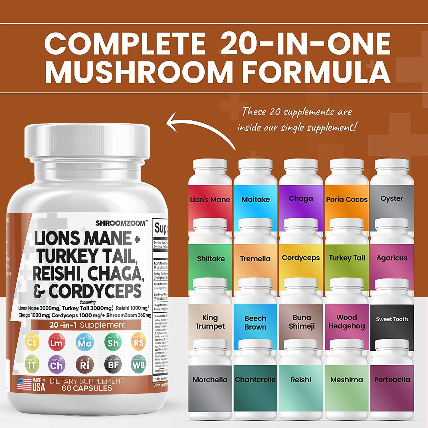 Lions Mane 20 In 1 Mushroom Supplement Pills With Turkey Tail Reishi ...
