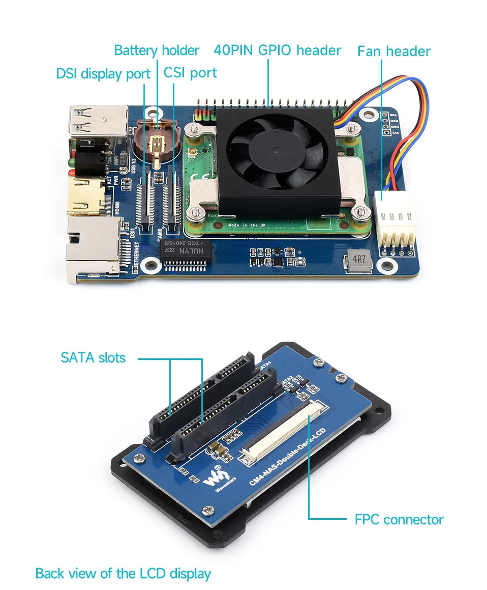 Raspberry Pi CM4 NAS Host with Dual SATA, 2-Inch LCD, and Gigabit ...