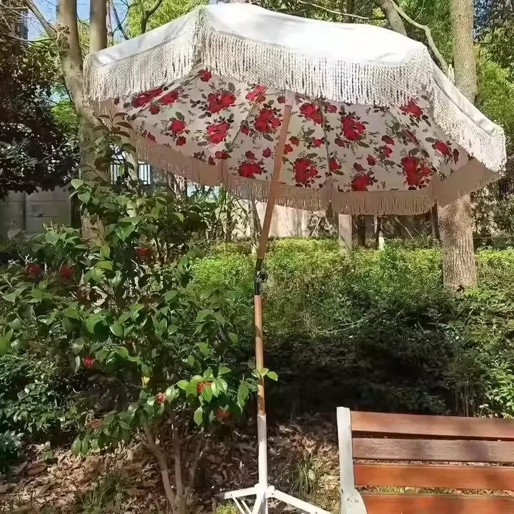 High Quality Pool Sun Parasol Umbrella With Tassels Garden Wooden ...