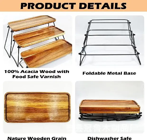 Foldable Steppted Wrought Iron Rack Acacia Wood Plate Dish Food Snack ...