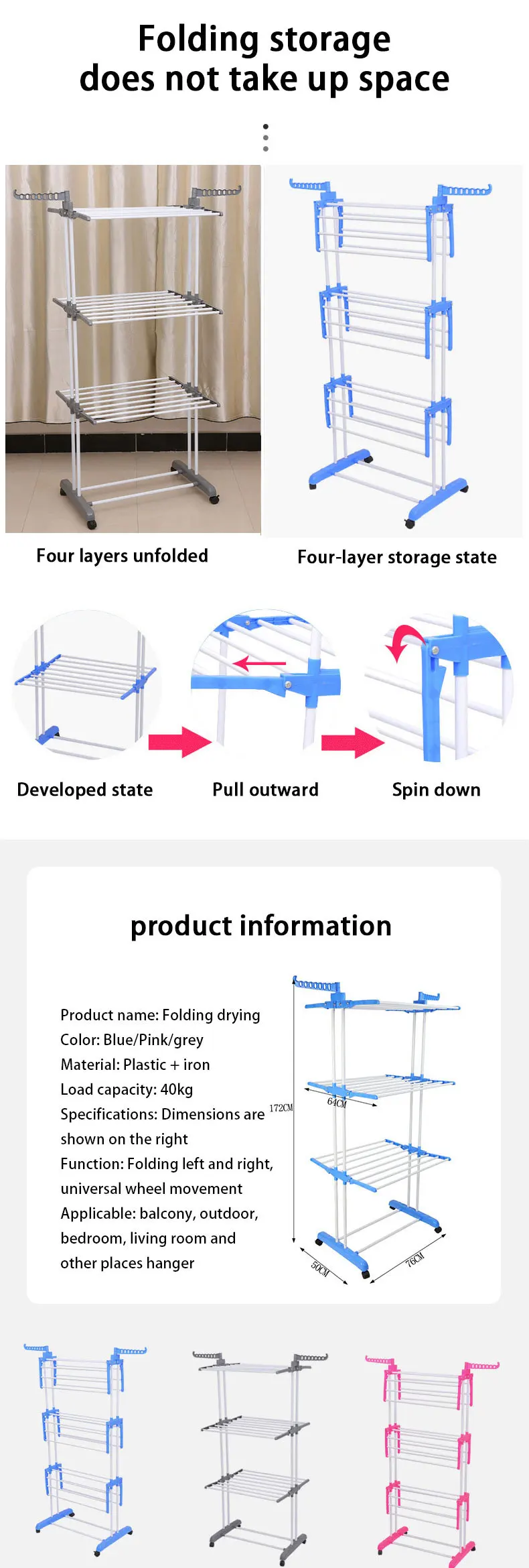 Folding Telescopic Floor-standing Double Pole Cloth Drying Rack 4 Tier ...
