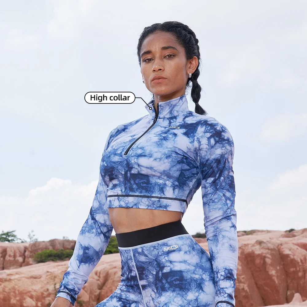 Miqi Custom Fitness Gym Outfit Women Activewear Tie-dye Long Sleeve Zipper Yoga Top Two Piece ...