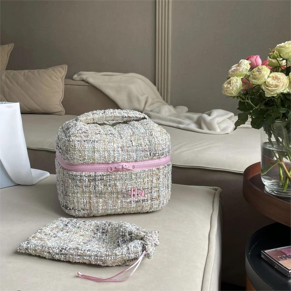 Custom Quilted Vanity Velvet Makeup Pouch - Floral Printing