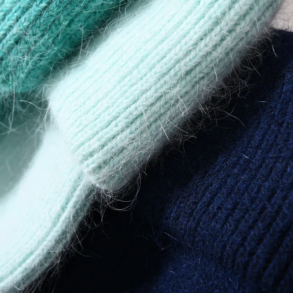 Outdoor Double Flap Thick Fluffy Angora Rabbit Fur Beanie Hat Striped ...