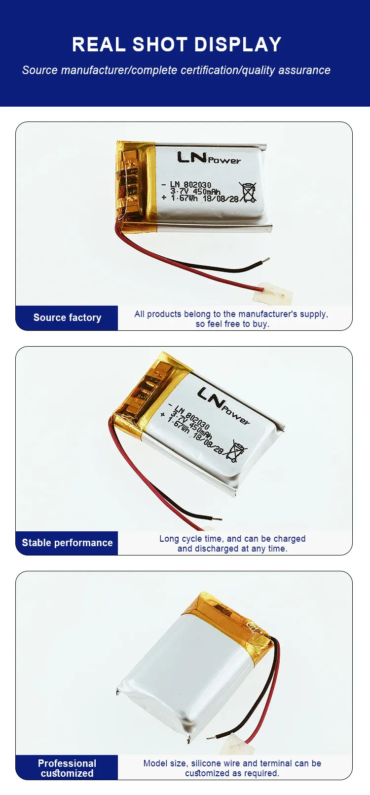 Long Life Lithium Ion Batteries with PCB for Car Smart Watch