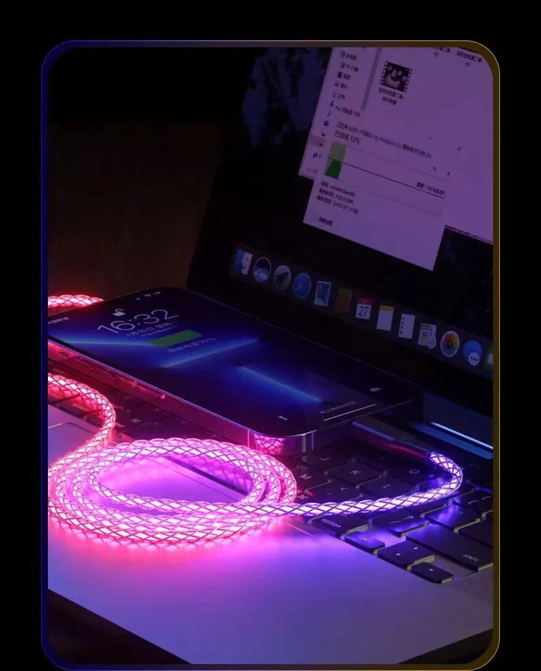 3 In 1 66w 6a Rgb Light Type C Cable Usb Lighting Cable Fast Charging ...