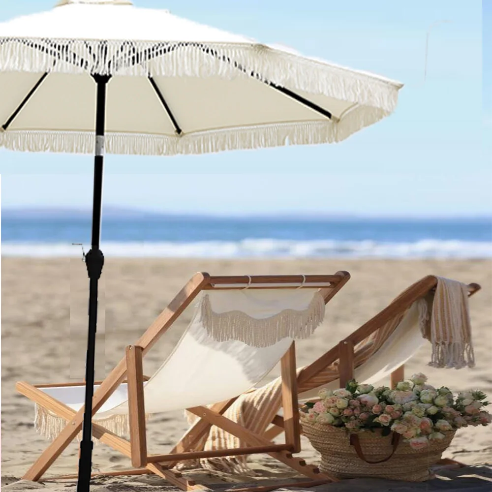 Outdoor Sun Shade - Luxury White Parasol with Tassels