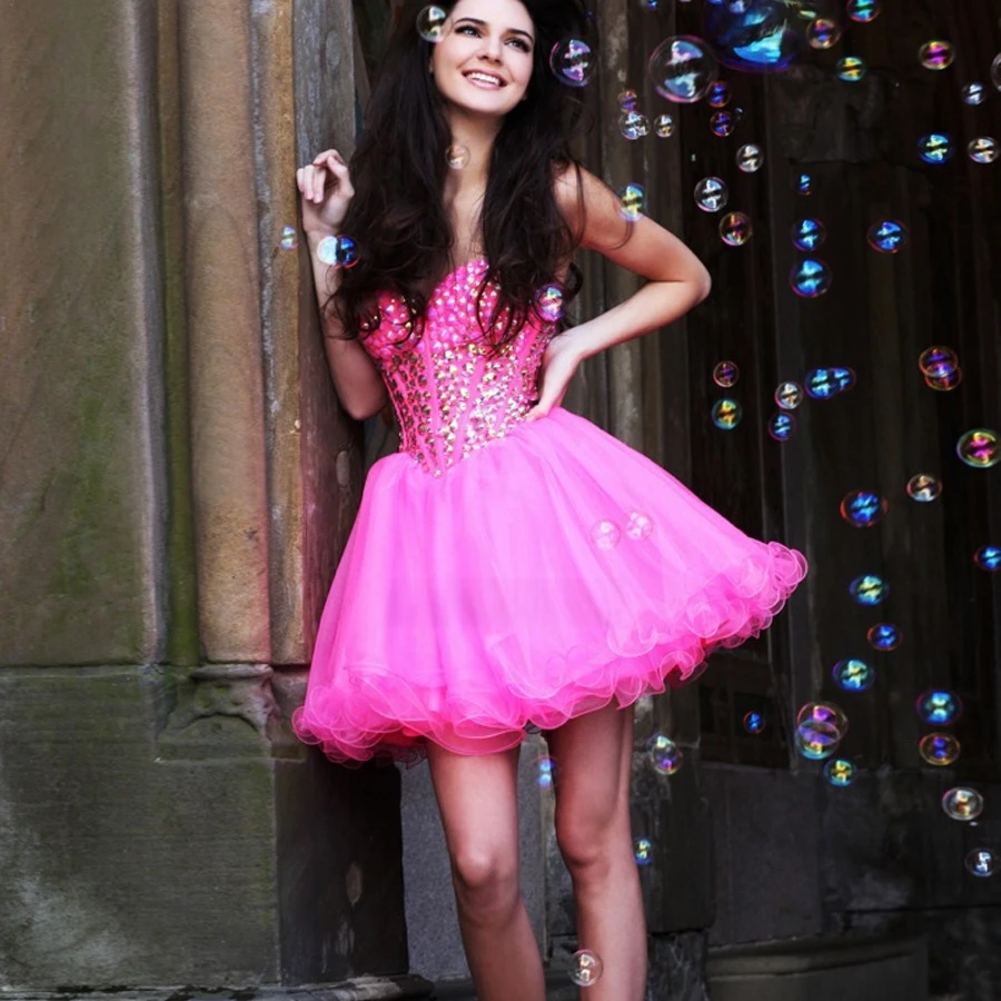 Hot Pink Fuchsia Prom Dress Party Dress Sexy Beaded Crystals Short Mini ...