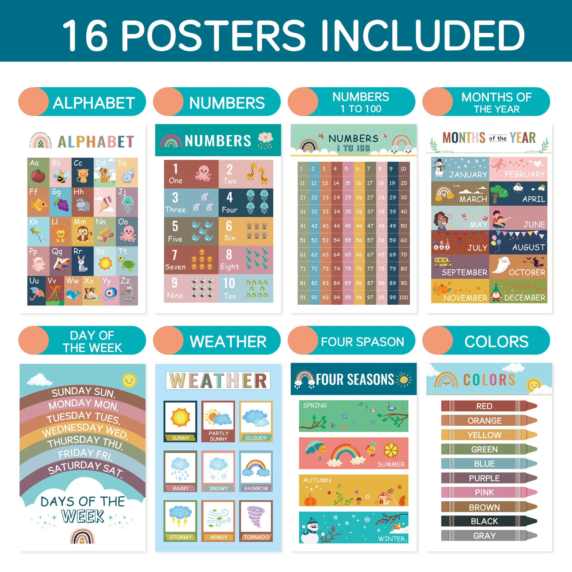 16pcs Big Size Boho Learning Wall Poster Kids Educational Posters for ...