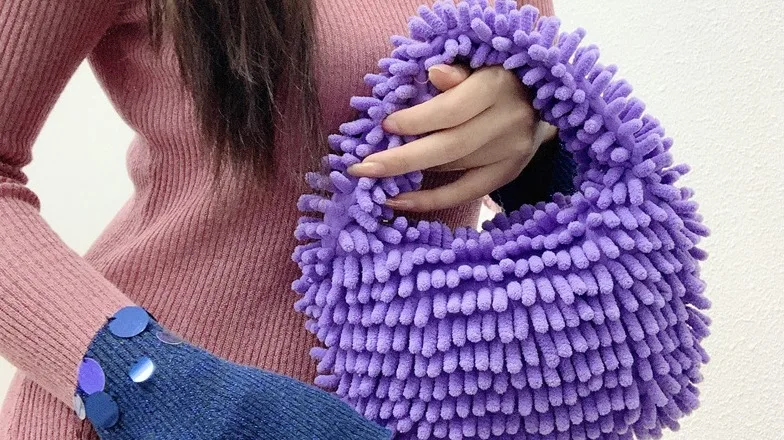 Minimalist Fuzzy Top Handle Mini Chenille Pink Ruched Solid Fluffy Hobo ...