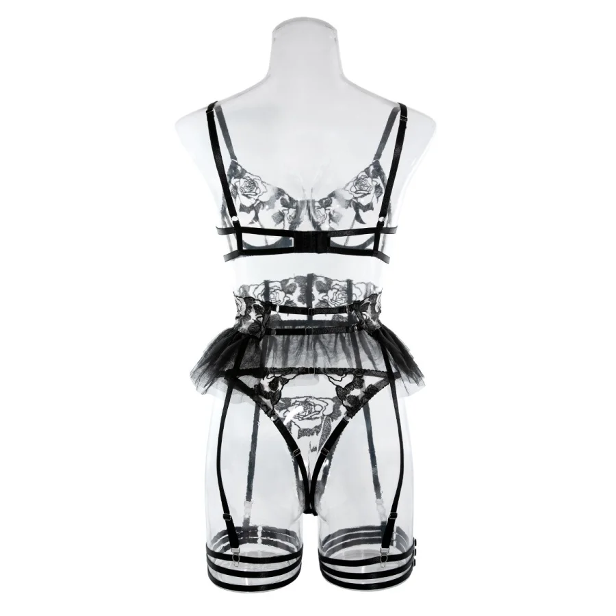 Luxury Erotic Lingerie 4 Piece Set Floral Embroidery Bra Ruffle Garter
