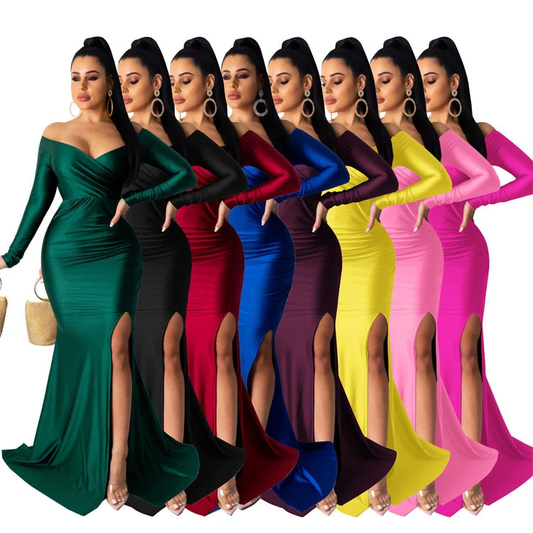 New Arrival Evening Dress Long Sleeve Straight Shoulder Length Split V ...