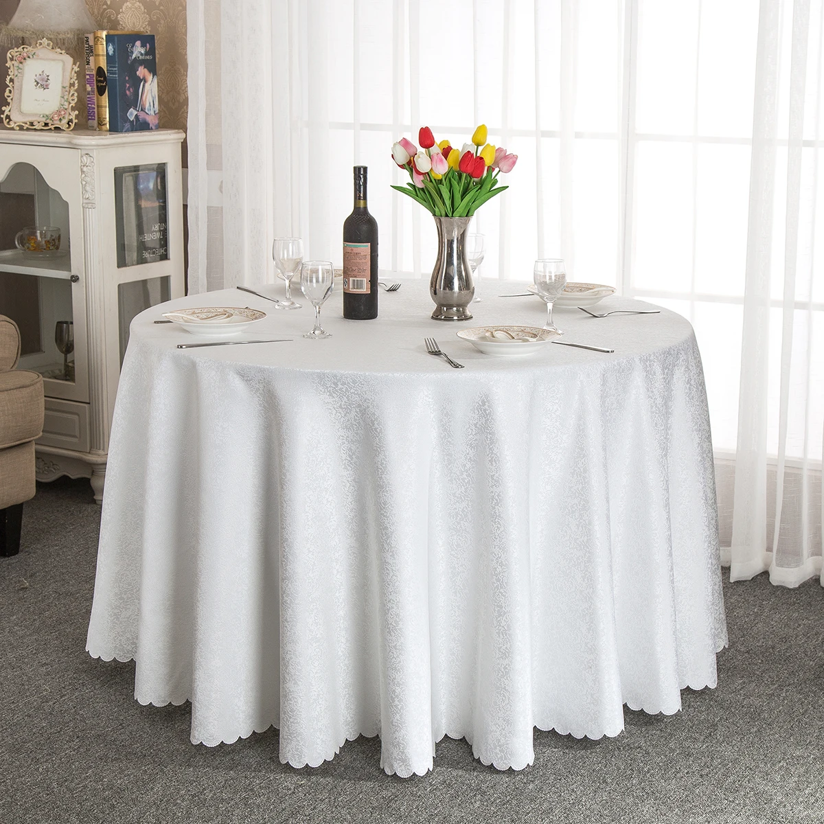 Luxury Plain Banquet Embossed Table Cloth Cover Curly Skirt Jacquard ...