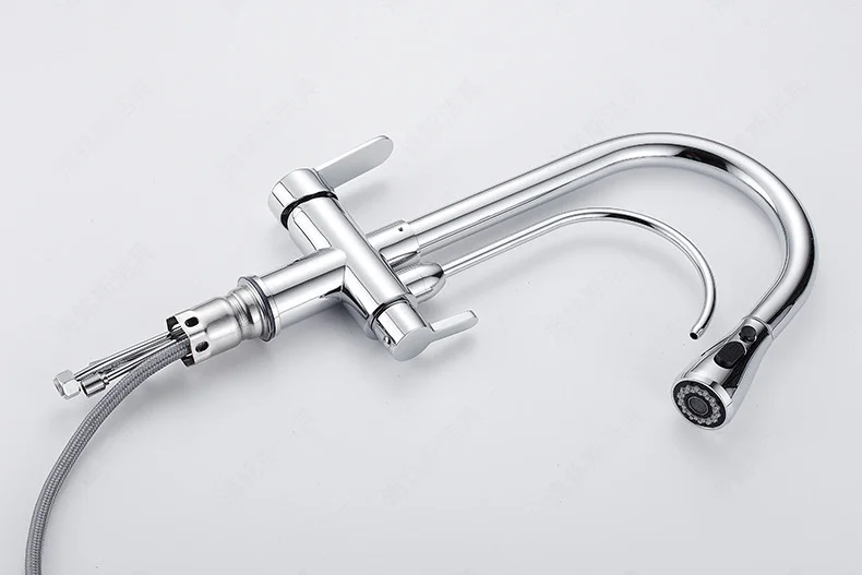 Chrome Contemporary Double Spout Kitchen Faucet Pull Sprayer Single ...