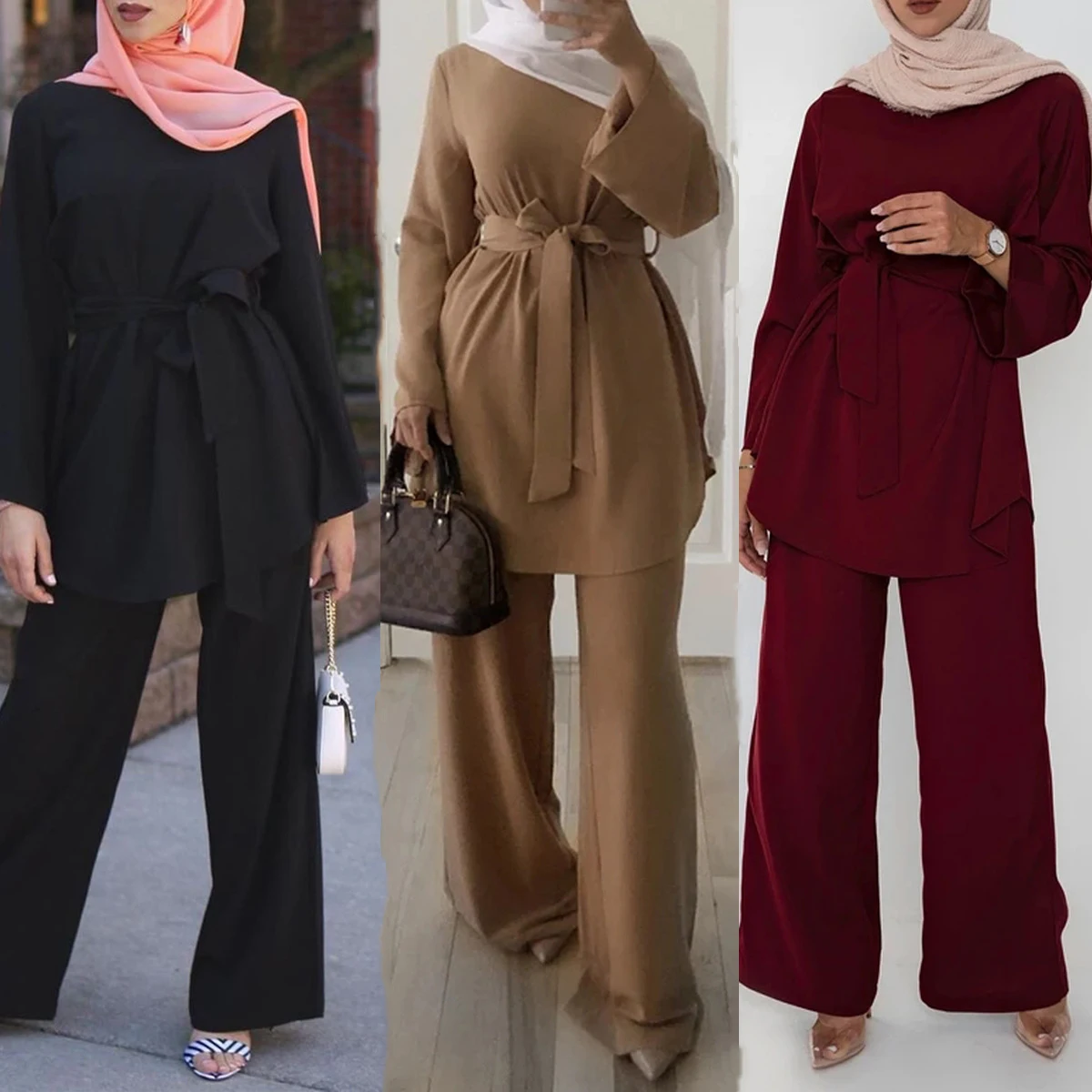 Arabian Muslim Fashion Women Two Piece Suit Islamic Elegant Long Sleeve ...