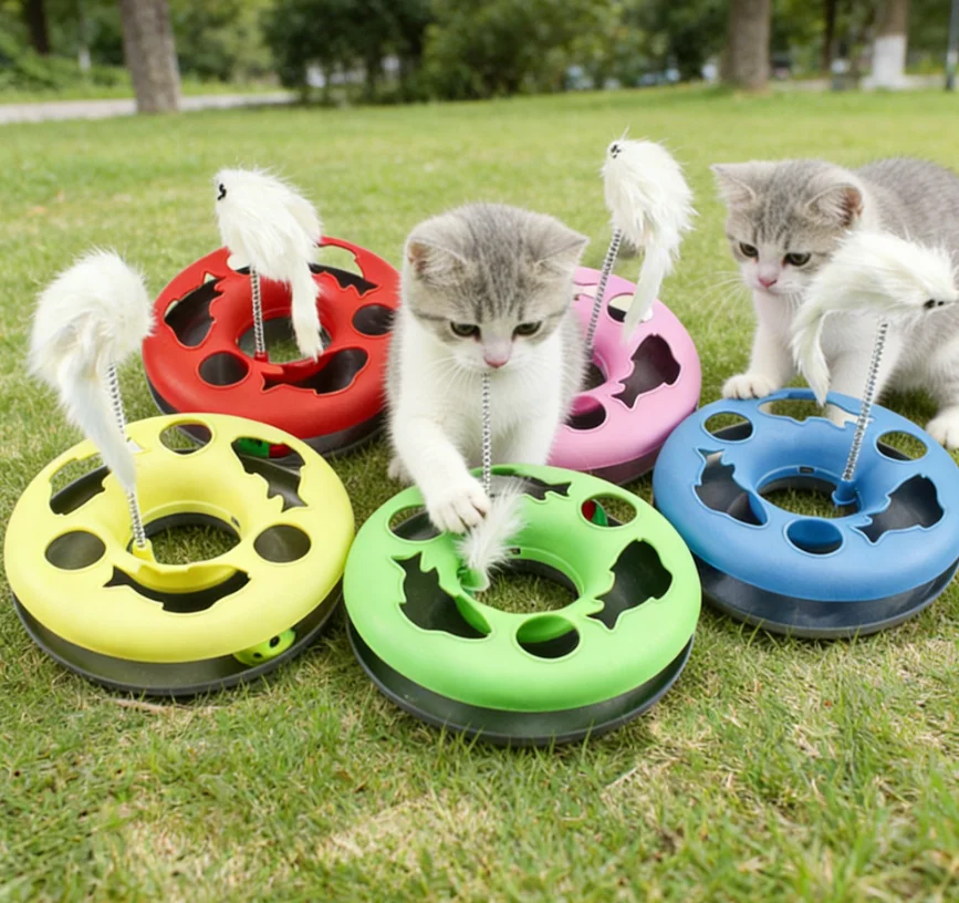 Eco-Friendly Cat Scratch Toys Plastic Double Turntable Set Spring Mouse ...