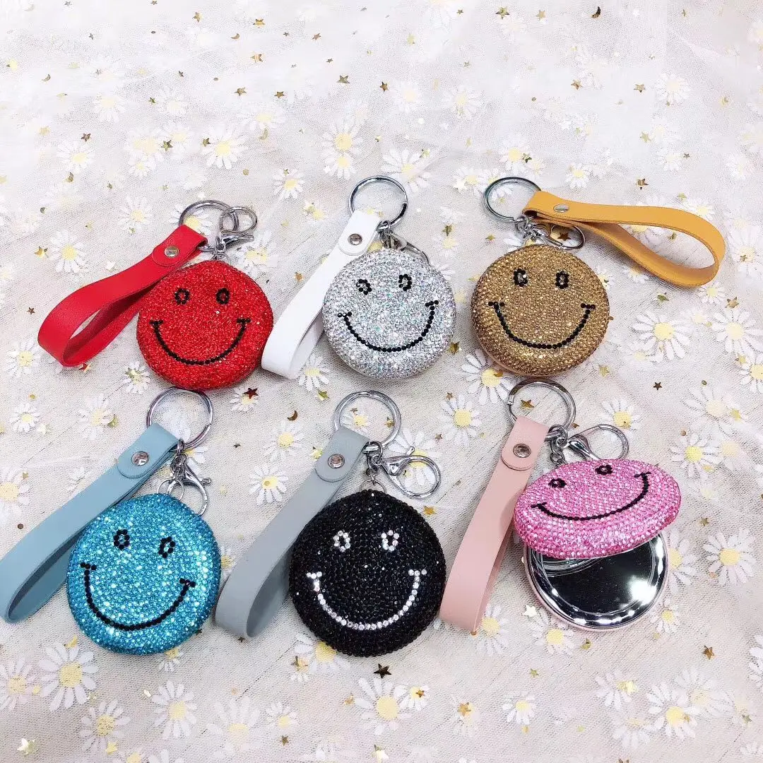 Lovely Smiling Happy Face Mirror Key Ring Diamond Handy Makeup Mirror ...