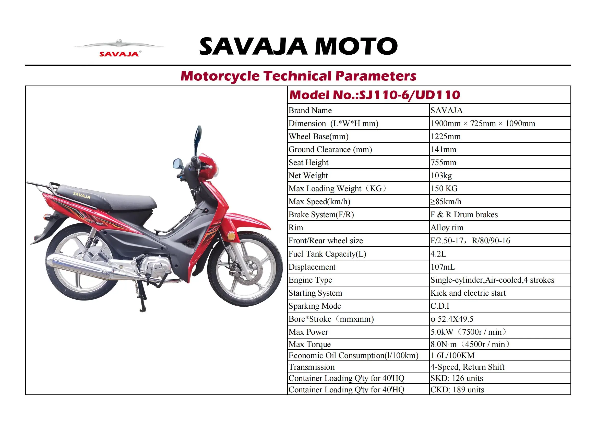 110CC SAVAJA Motorbike - Curved Design, Powerful Performance