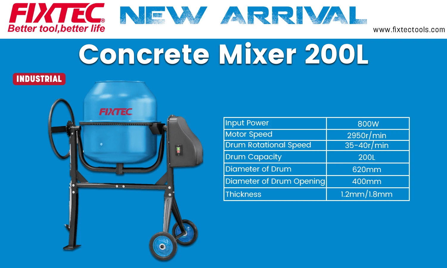 FIXTEC Industrial 800W Concrete Mixer with 200L Tank