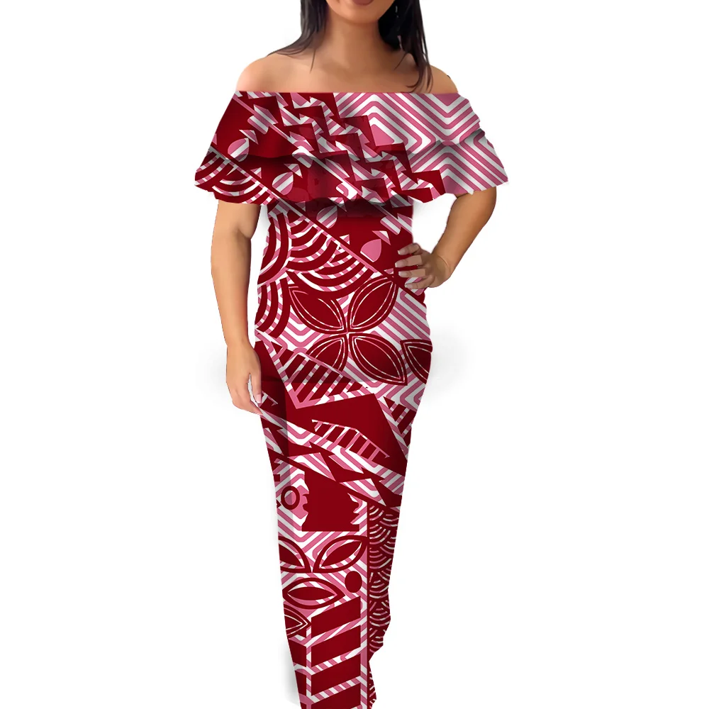Red Samoan Puletasi Tapa Flower Casual Dresses Polynesian Tribal Women ...