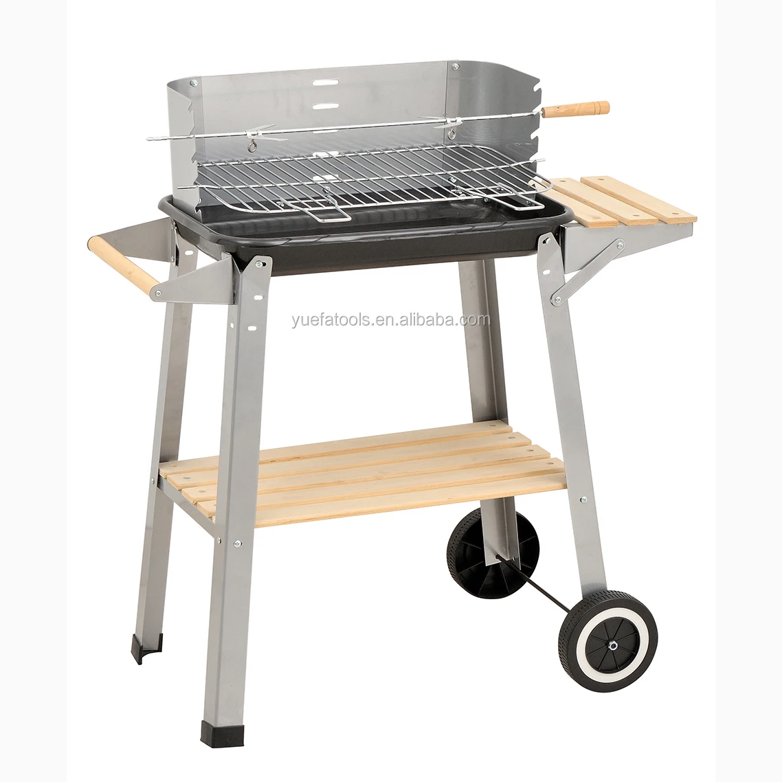 Outdoor Rectangular Charcoal Grill With Wooden Side Table Trolley BBQ ...